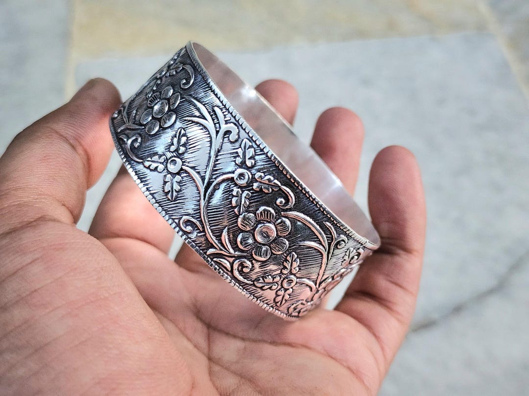 Solid 925 Sterling Silver Bangle, Designer Wide Silver Bangle, Chunky ...