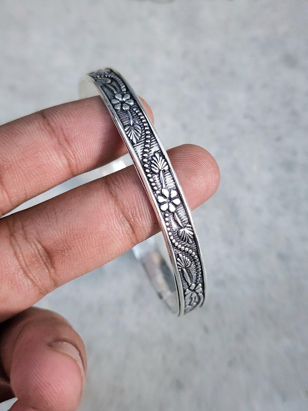 Handmade Sterling Silver Wide Bangle: Floral Etched Bracelet - Etsy