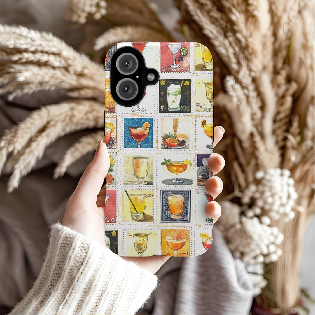 Retro Drinks Stamp Collage iPhone Case, Vintage Beverage Pattern Tough ...