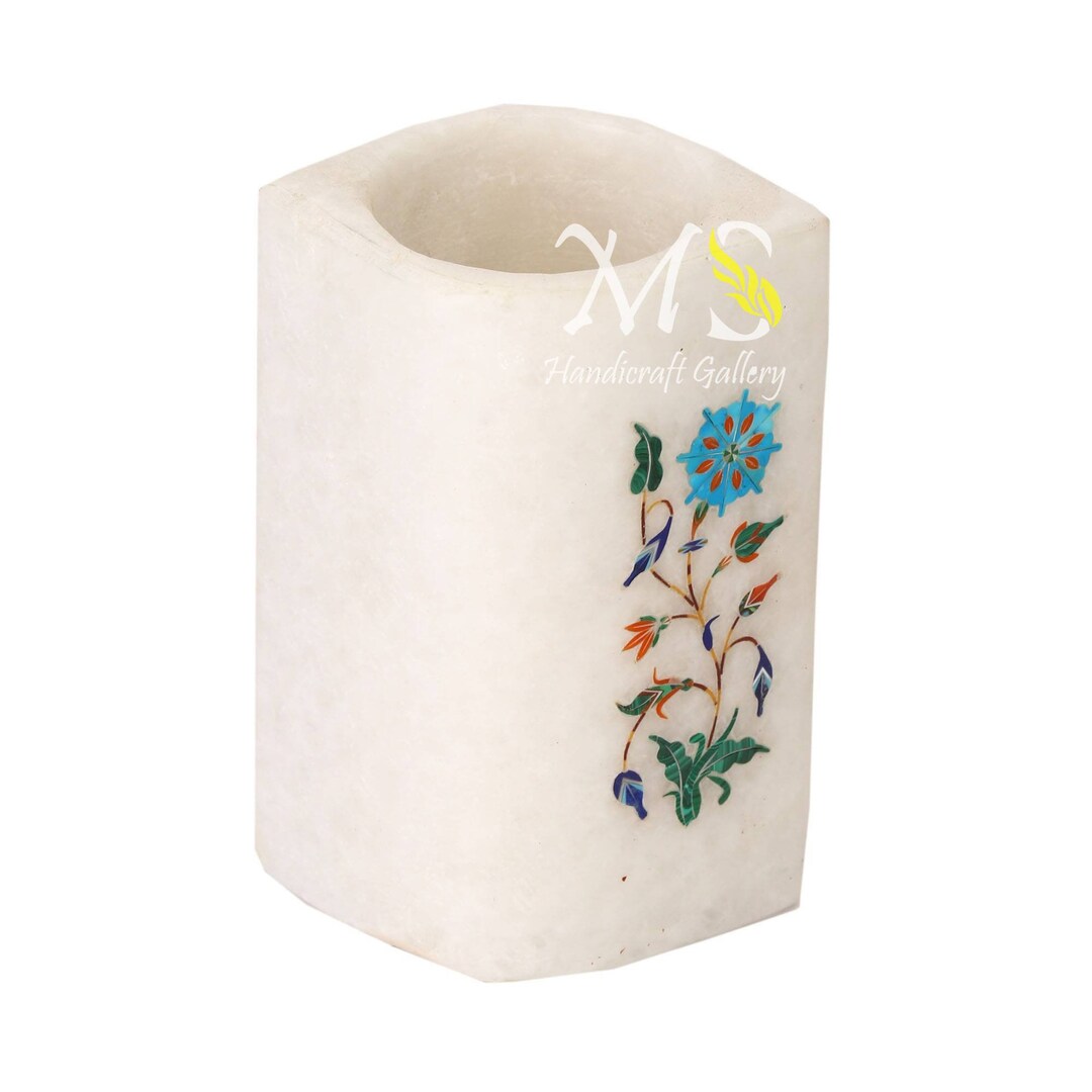 Marble Inlay Office Table Pen Stand Handmade Multicolour Semi-precious ...