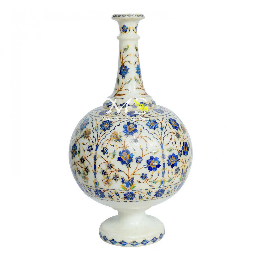 Marble Vase Inlaid With Lapis Lazuli, Marble Inlay Pots, Flower Vase ...