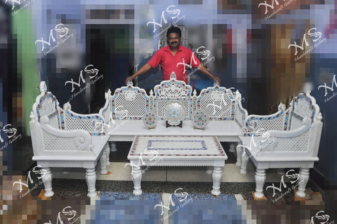 Antique 5 Seater White Marble Inlay Sofa Set for Living Home Decor With ...
