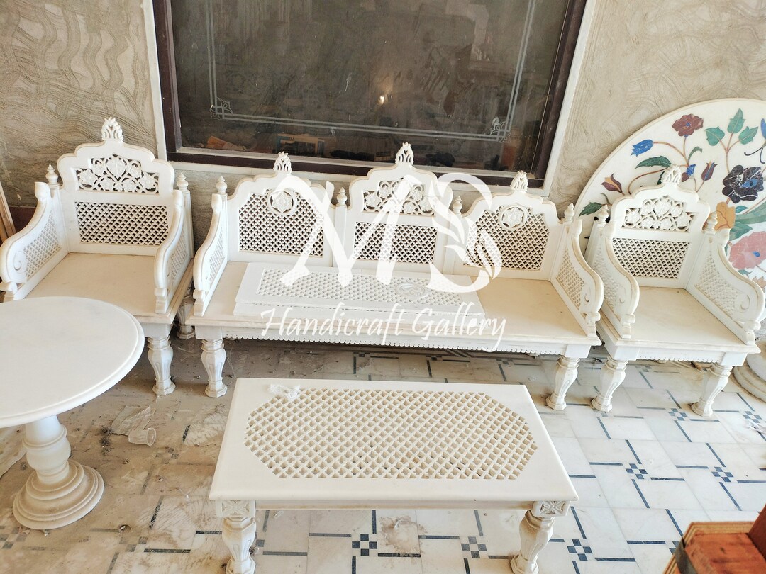Antique White Marble 5 Seater Sofa Set With Chairs and Tables Living ...