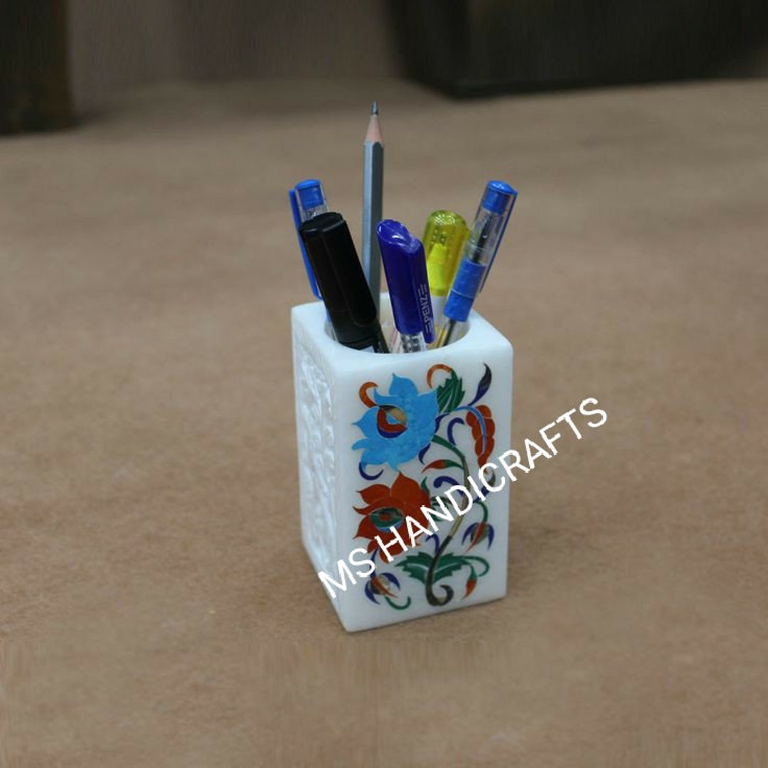 Office Table White Marble Inlay Stone Floral Pen Holder Box With ...