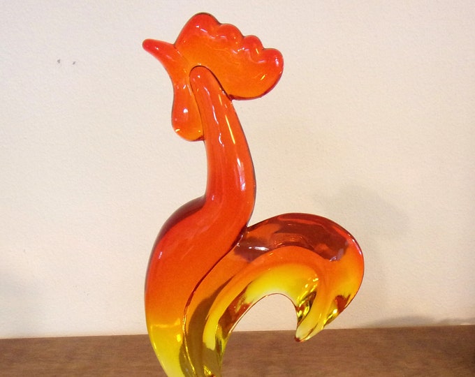 A Heavy Art Glass Chicken Hen or Rooster Figurine in Bright Orange ...