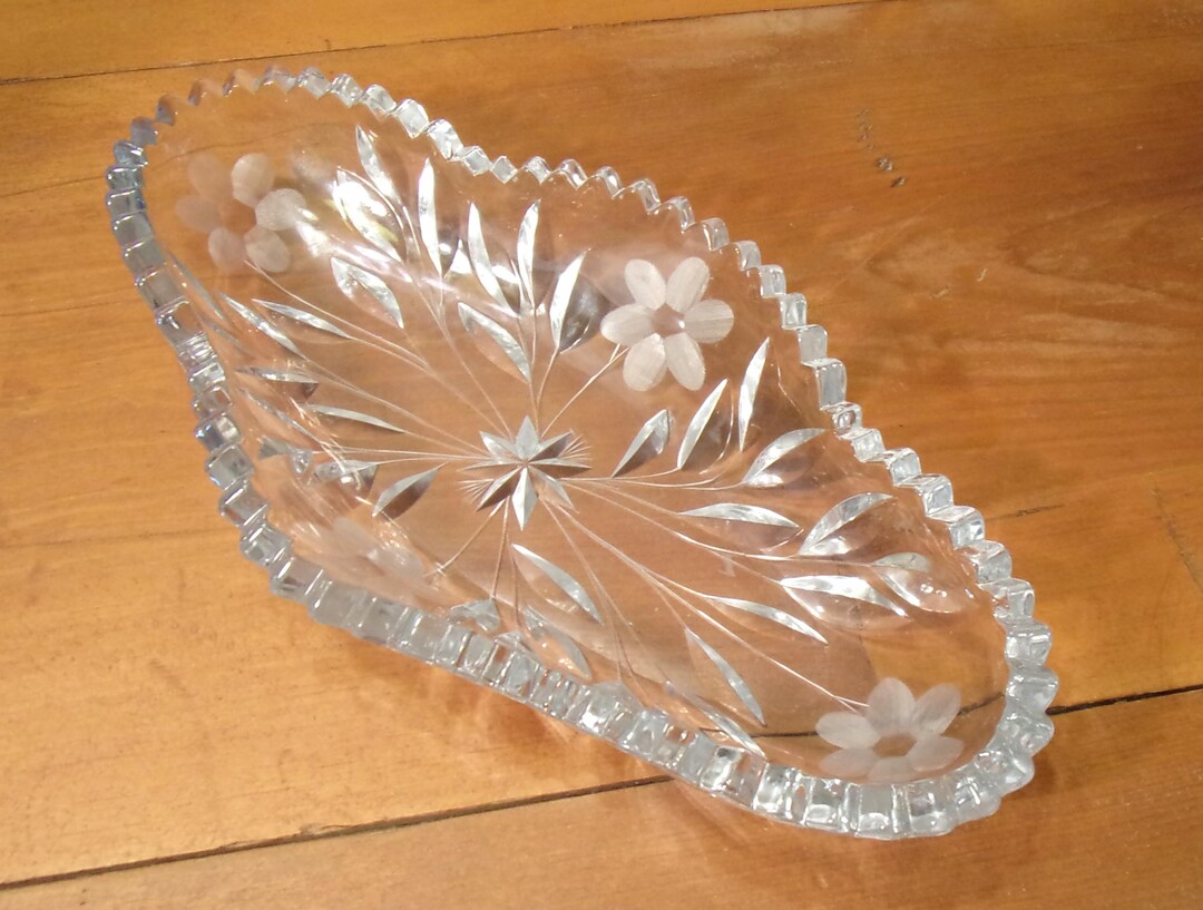 Elegant Crystal Cut Glass Dish or Bowl With Sawtooth Rim and Etched ...