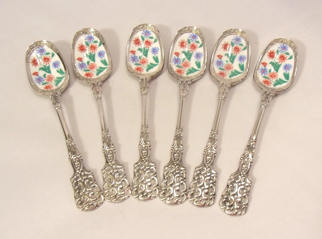 Set of Six Japanese Silverplate Floral Decorated Cloisonne Teaspoons 5 ...