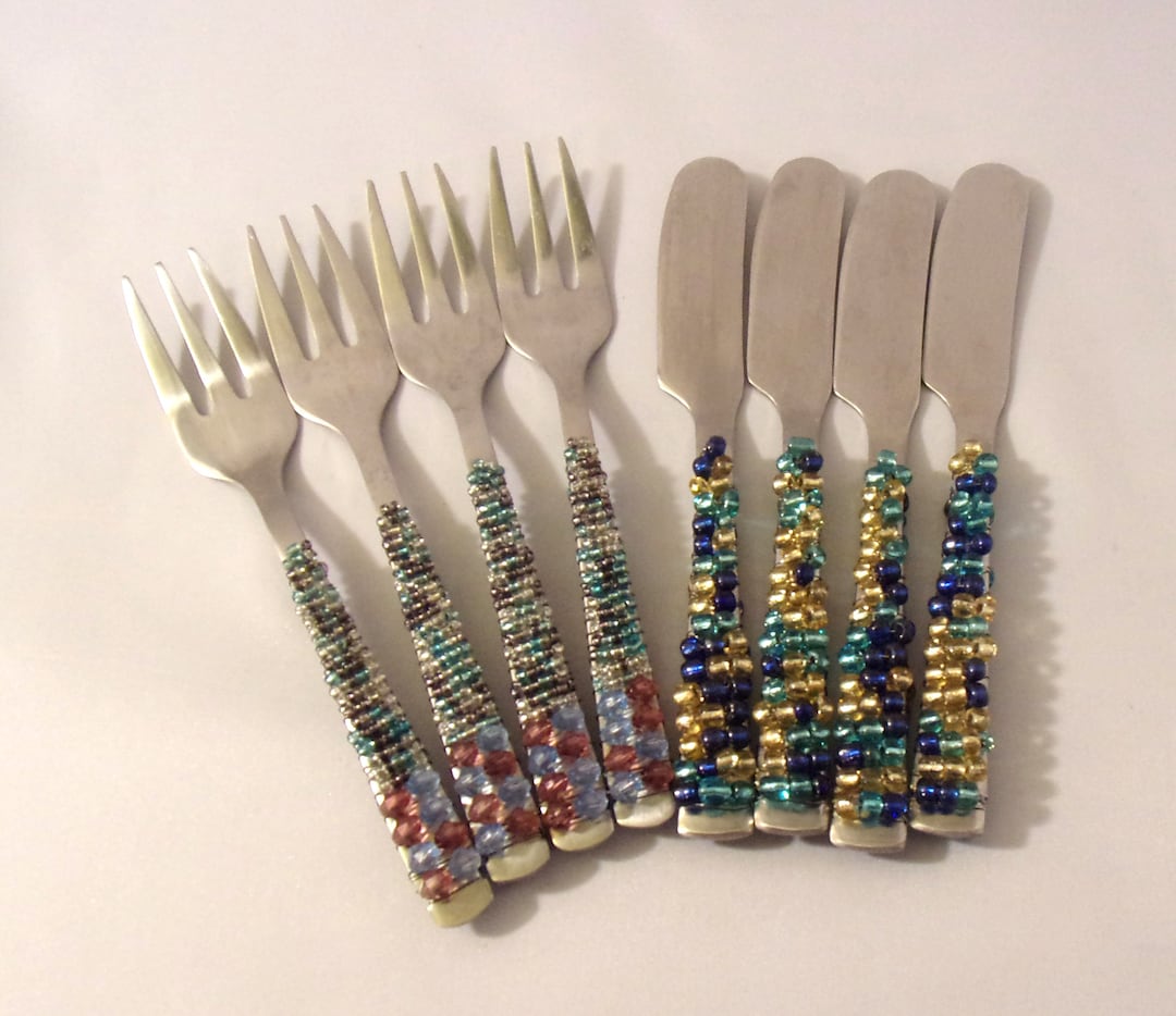 Lot of 8: Cake Dessert Forks, Butter Knives or Spreaders Fully Beaded Handles Blue and Green ...