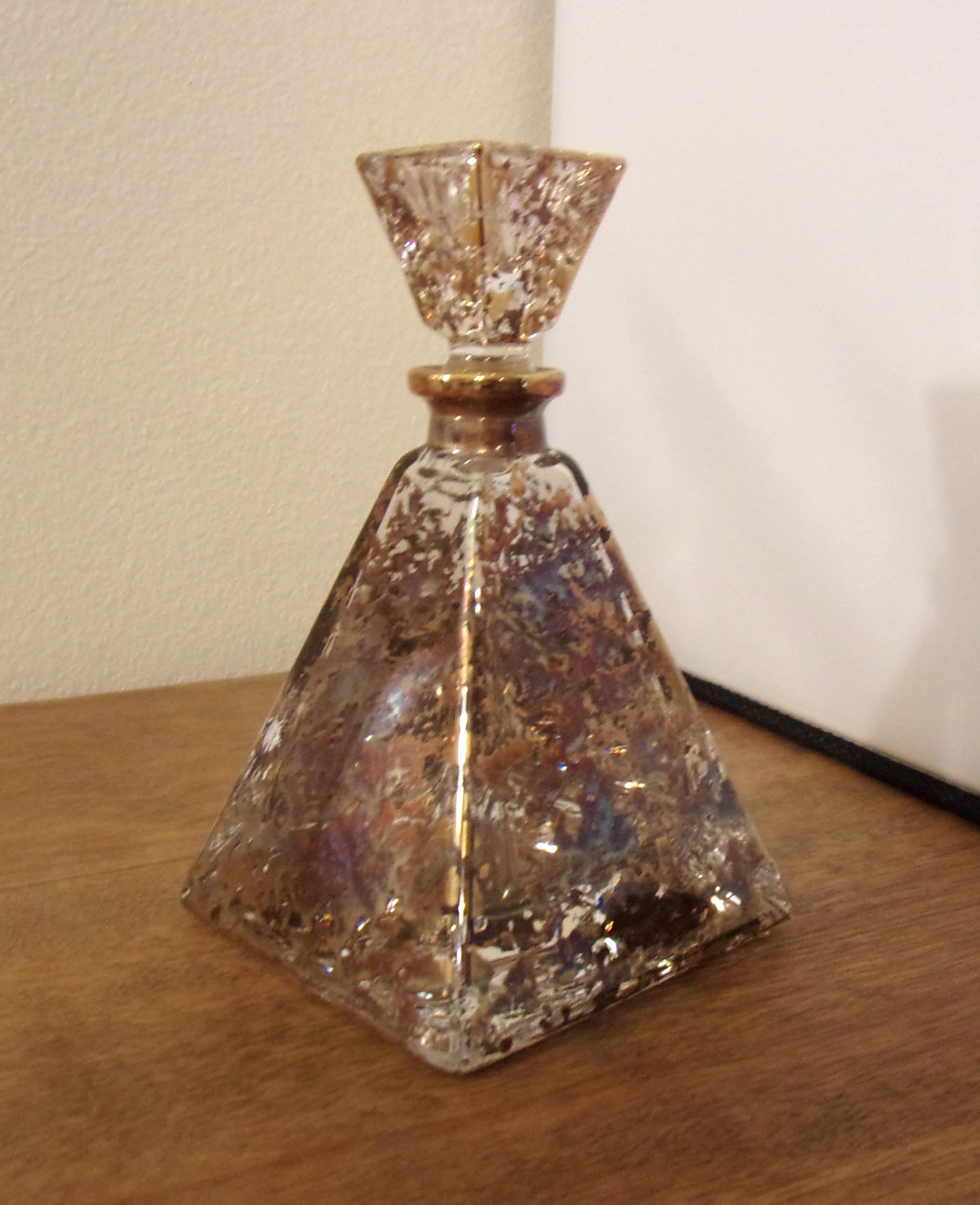 Heavy Pyramid Shaped Glass Display Bottle With Inlaid Gold Flecks With ...