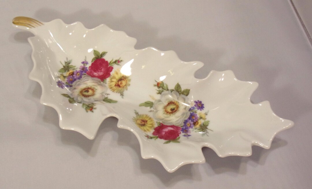 Vintage German Porcelain Leaf Shaped Dish With Colorful Floral Pattern ...