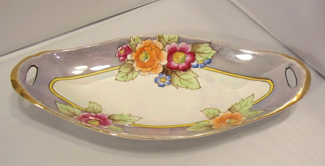 Japanese Lusterware Bone China Oval Dish Iridescent Floral Pattern 12 1 ...