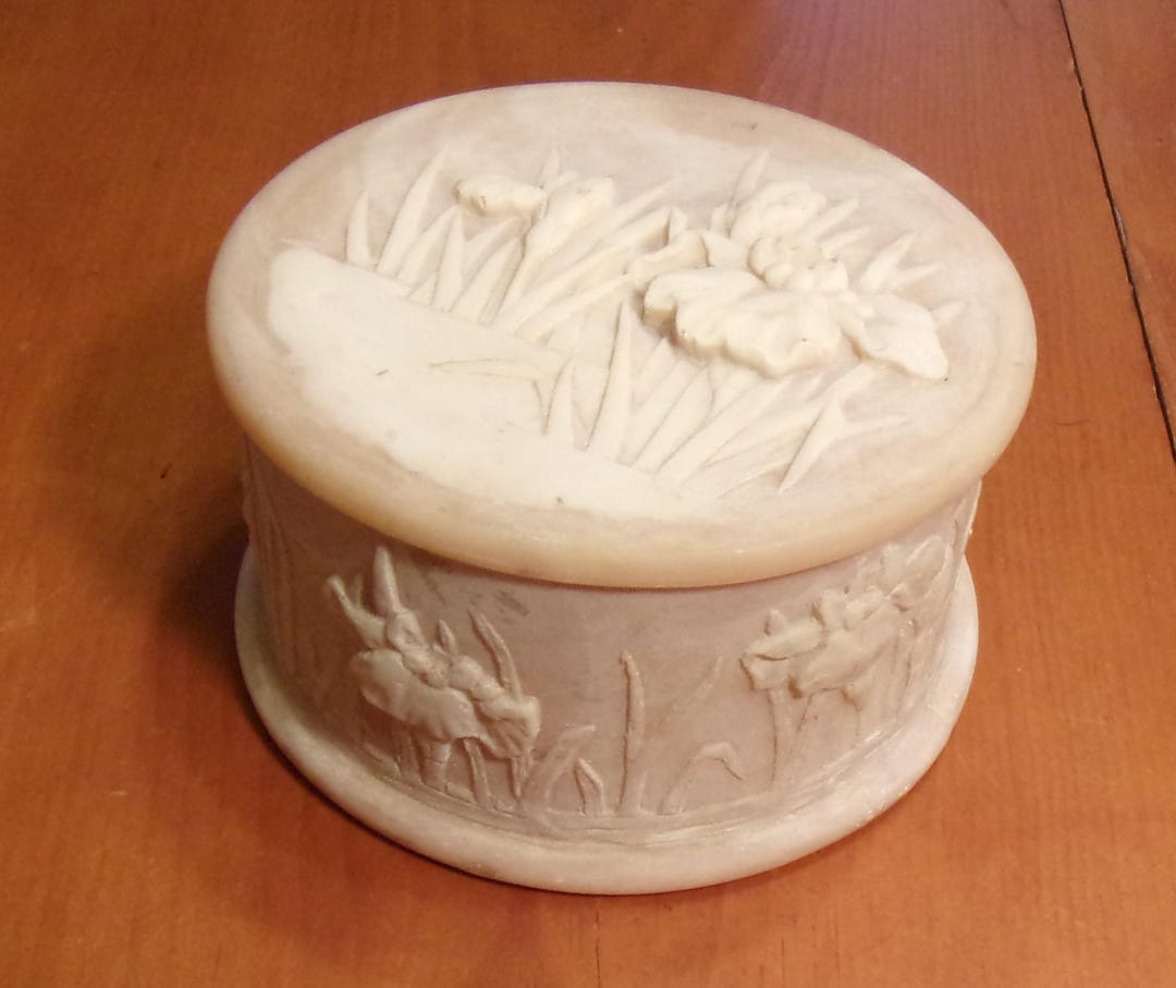 Vintage Pale Beige Pink Incolay Stone Vanity Trinket Jewelry Box With ...