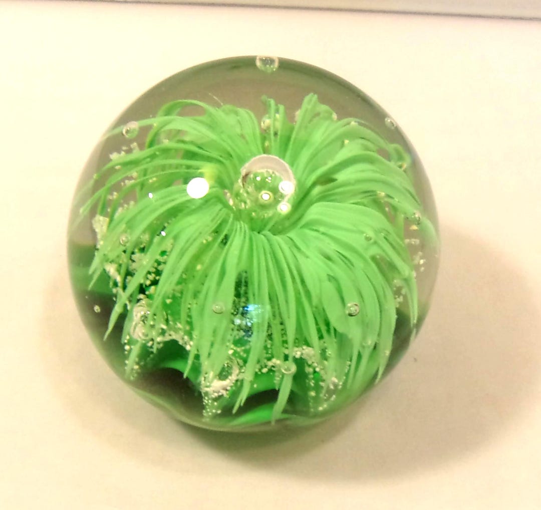 A Vintage Heavy Round Ball Shaped Art Glass Paperweight With Green ...
