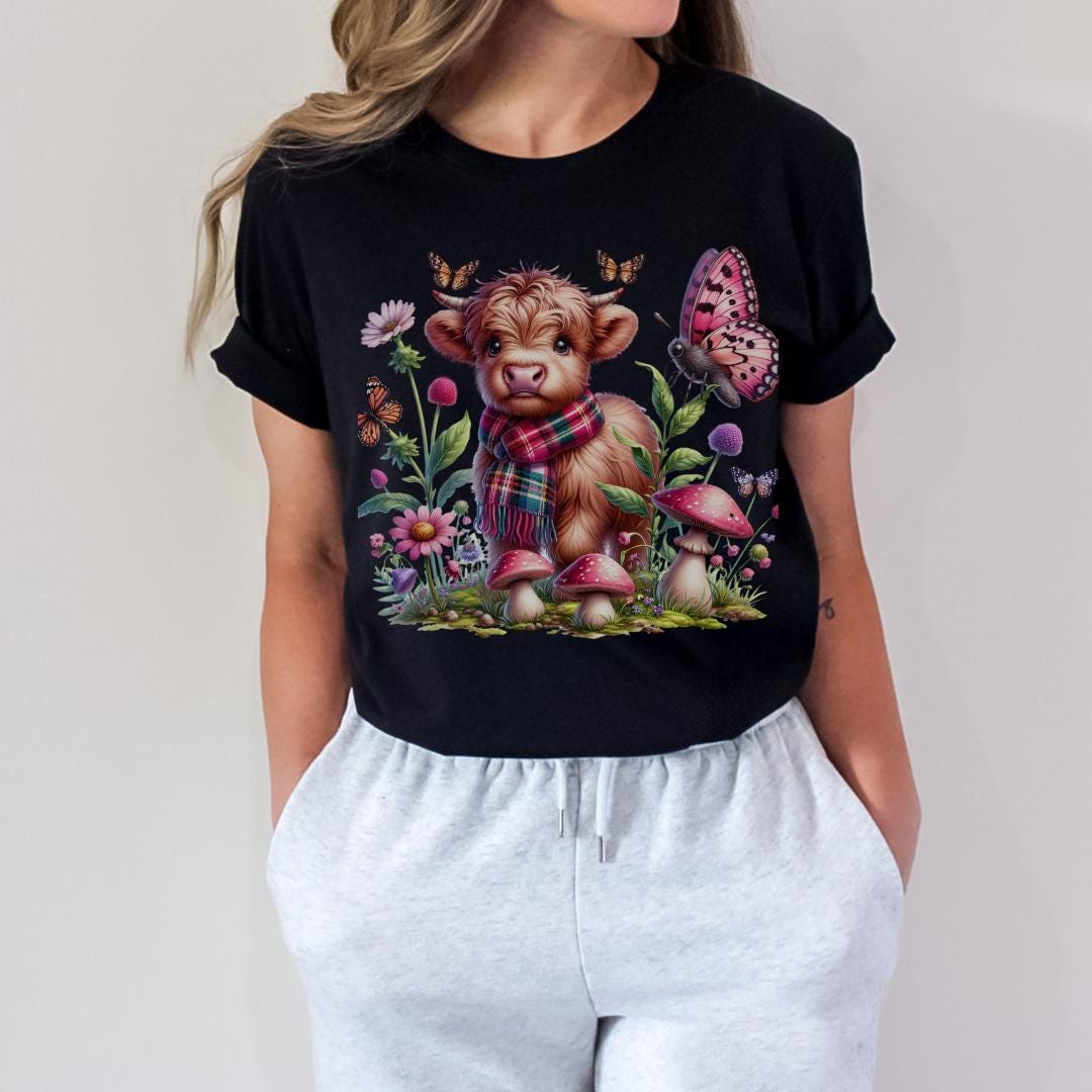 Cottage Core Baby Highland Cow Png, Mushrooms, Wild Flowers, Animals ...