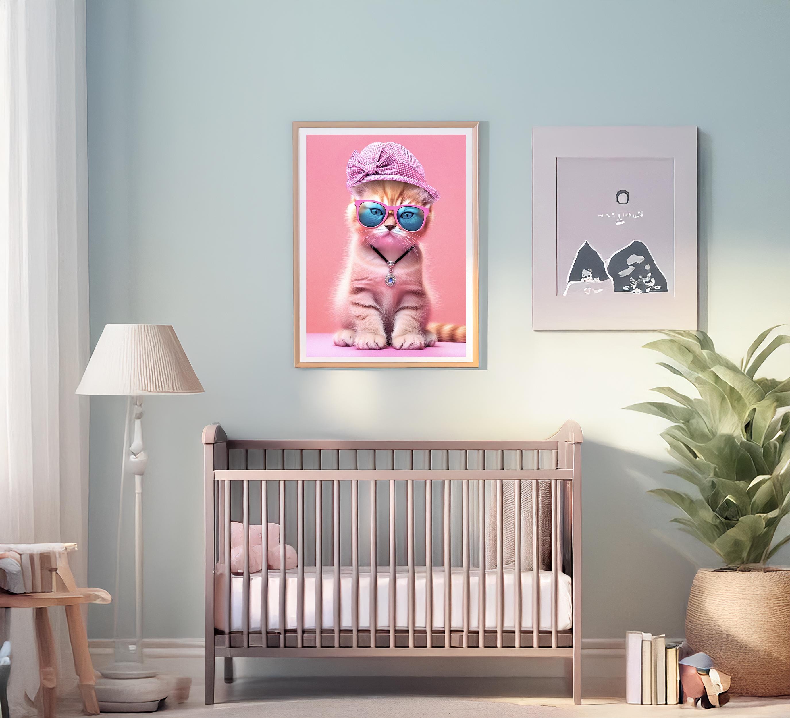 Fashionista Cat Art Print - Cute Pink Kitty With Sunglasses & Jewelry ...