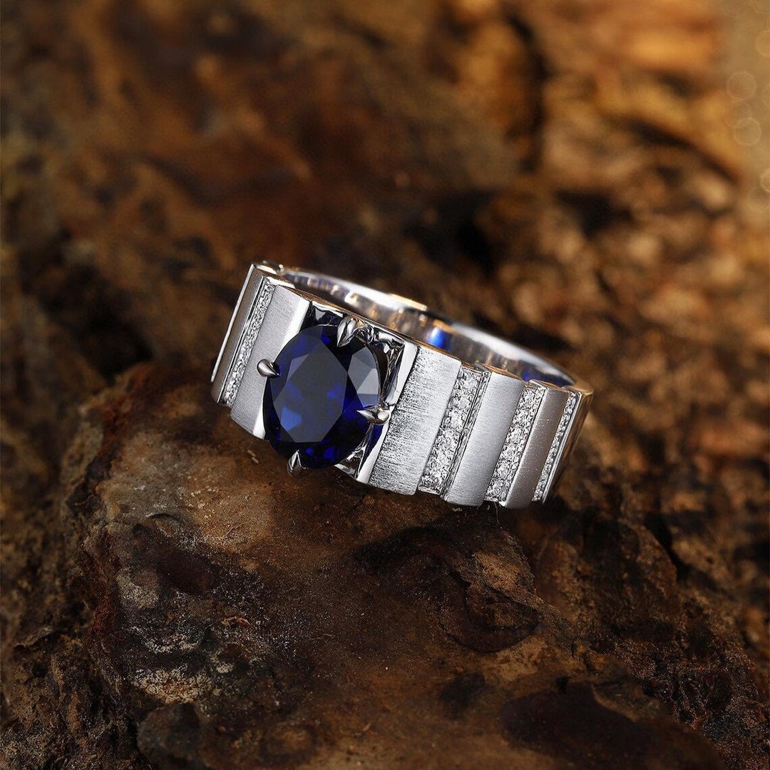 Unique Blue Sapphire Men's Ring, Oval Cut Ring, 925 Sterling Silver ...