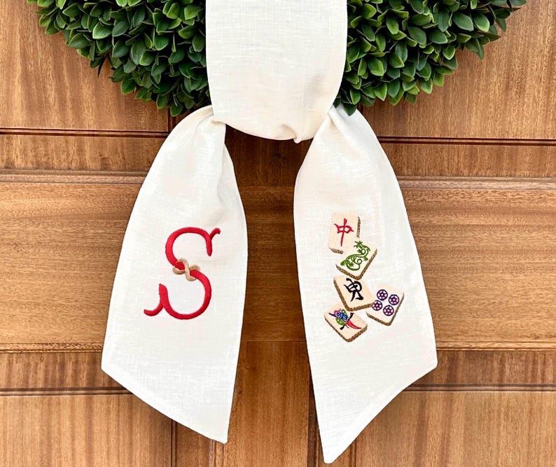 Personalized Mahjong Tile Wreath Sash: Monogrammed Linen Door Scarf - Etsy