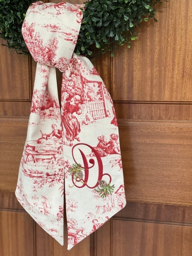 Personalized Red Toile Holiday Wreath Sash for Front Door, Pine Cone ...