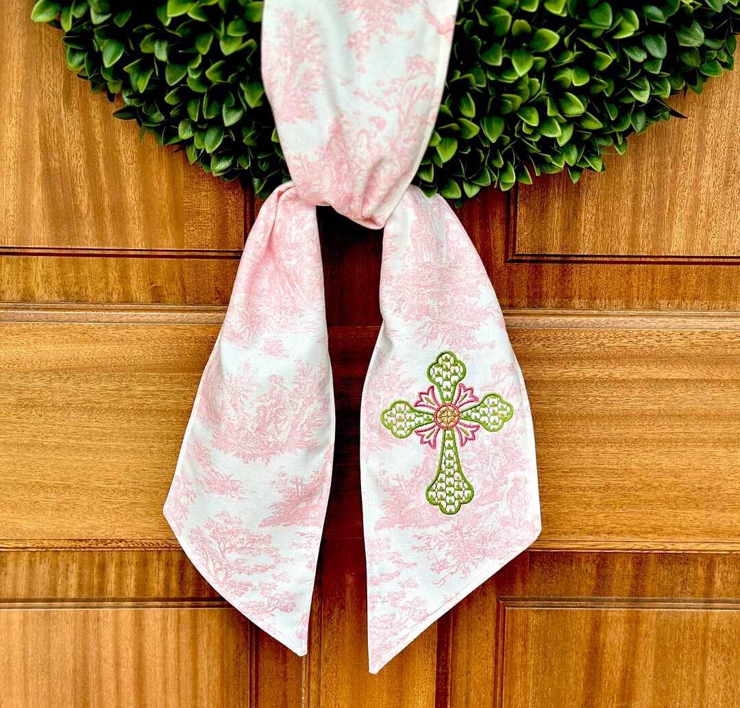 Custom Pink Easter Cross Wreath Sash, Personalized Christening Toile ...