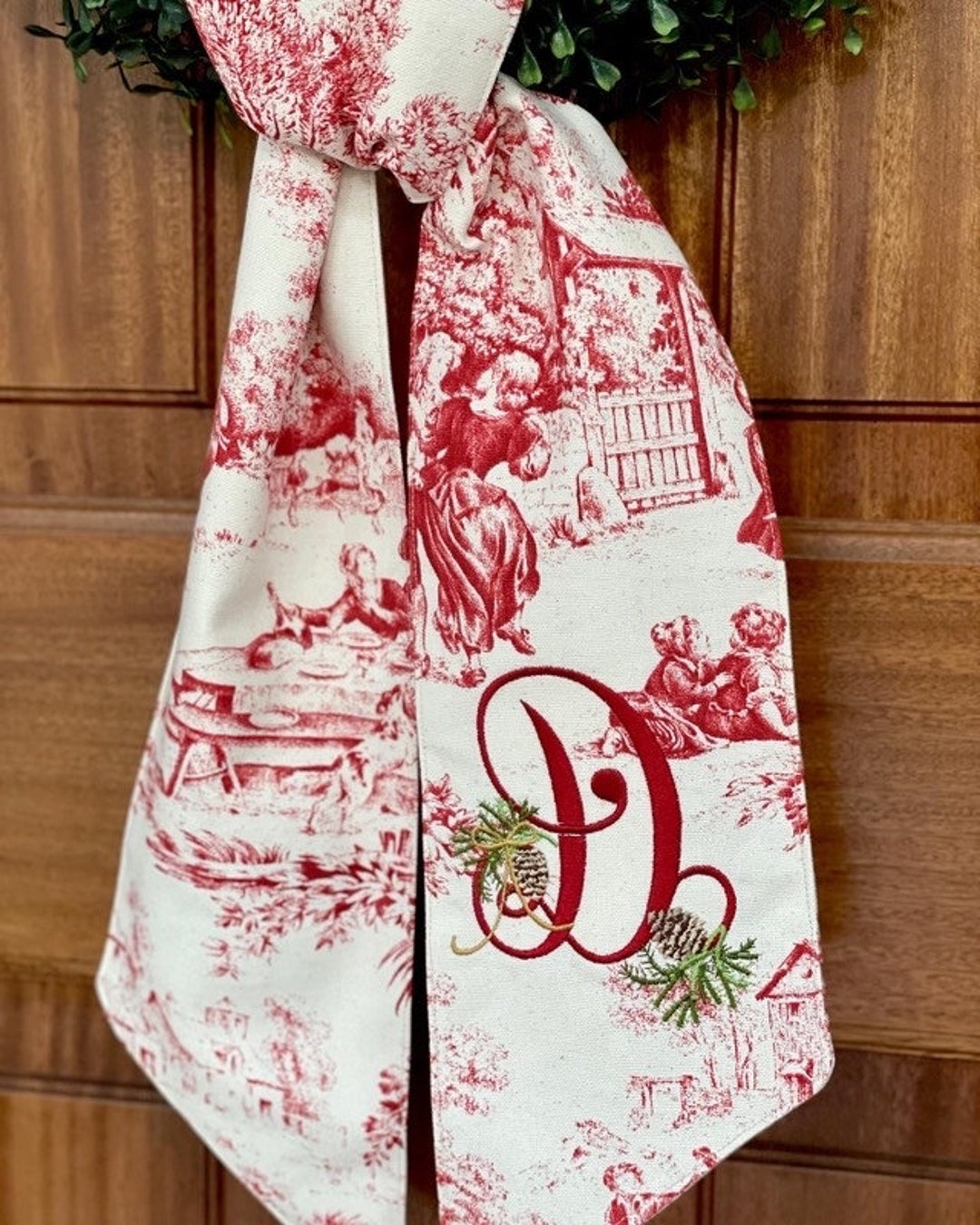 Personalized Red Toile Holiday Wreath Sash for Front Door, Pine Cone ...