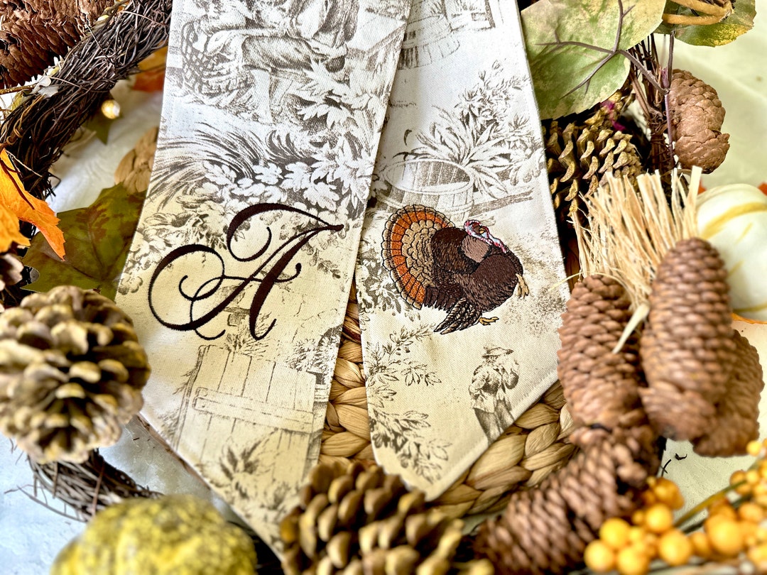 Personalized Taupe Toile Thanksgiving Wreath Sash, Custom Monogram ...