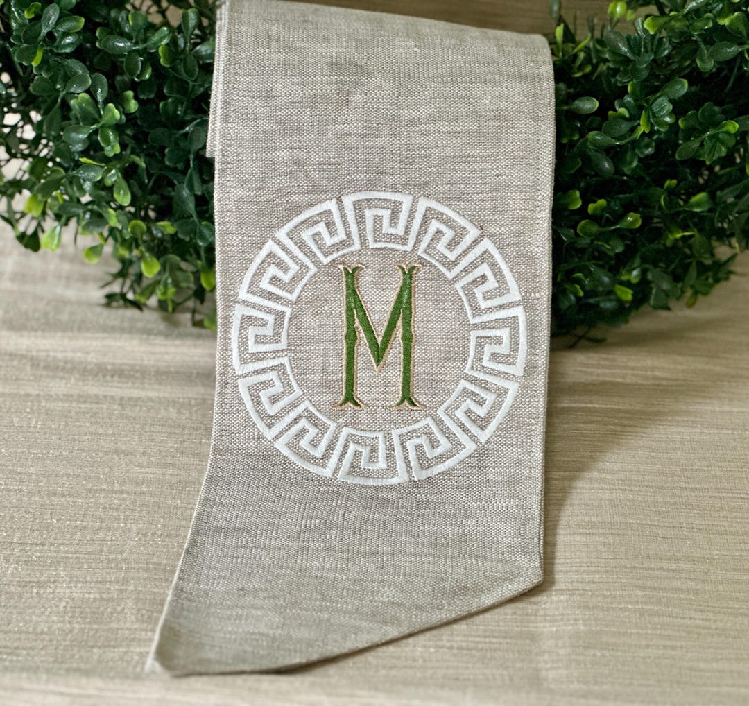 Personalized Greek Key Linen Wreath Sash: Custom Monogram Door Swag - Etsy