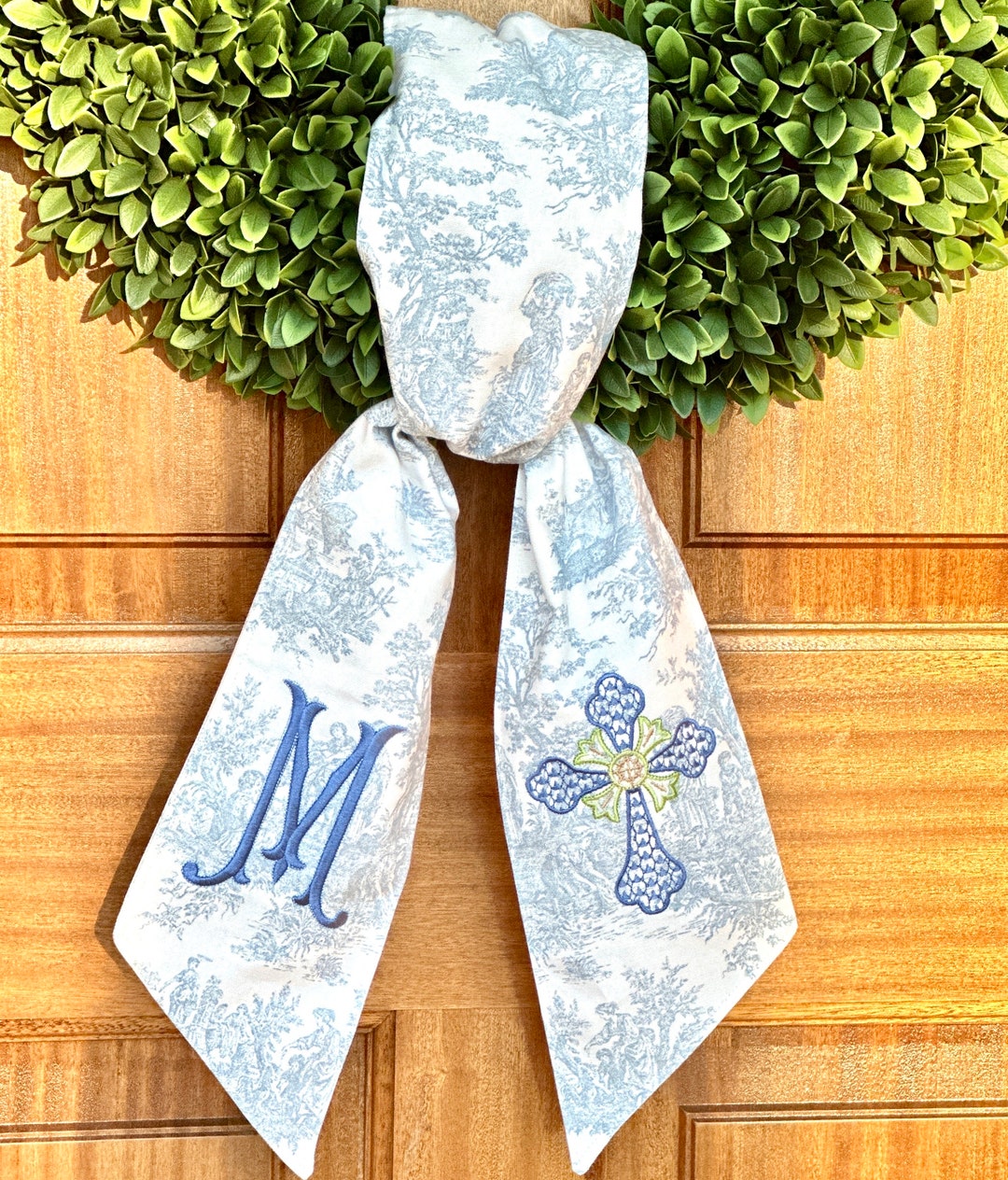 Custom Pale Blue Easter Cross Wreath Sash, Personalized Baptism Toile ...