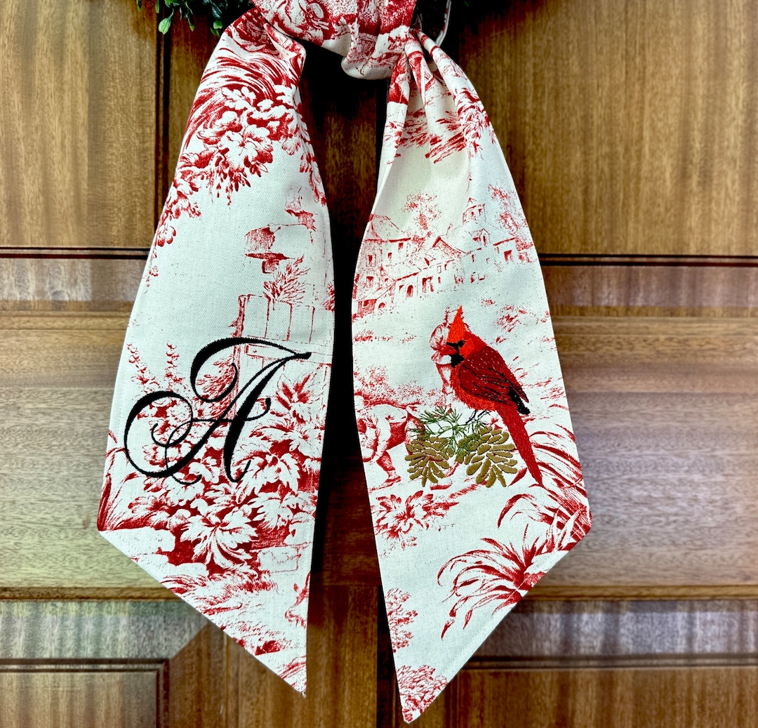 Cardinal Red Toile Holiday Wreath Sash for Front Door, Custom Monogram ...