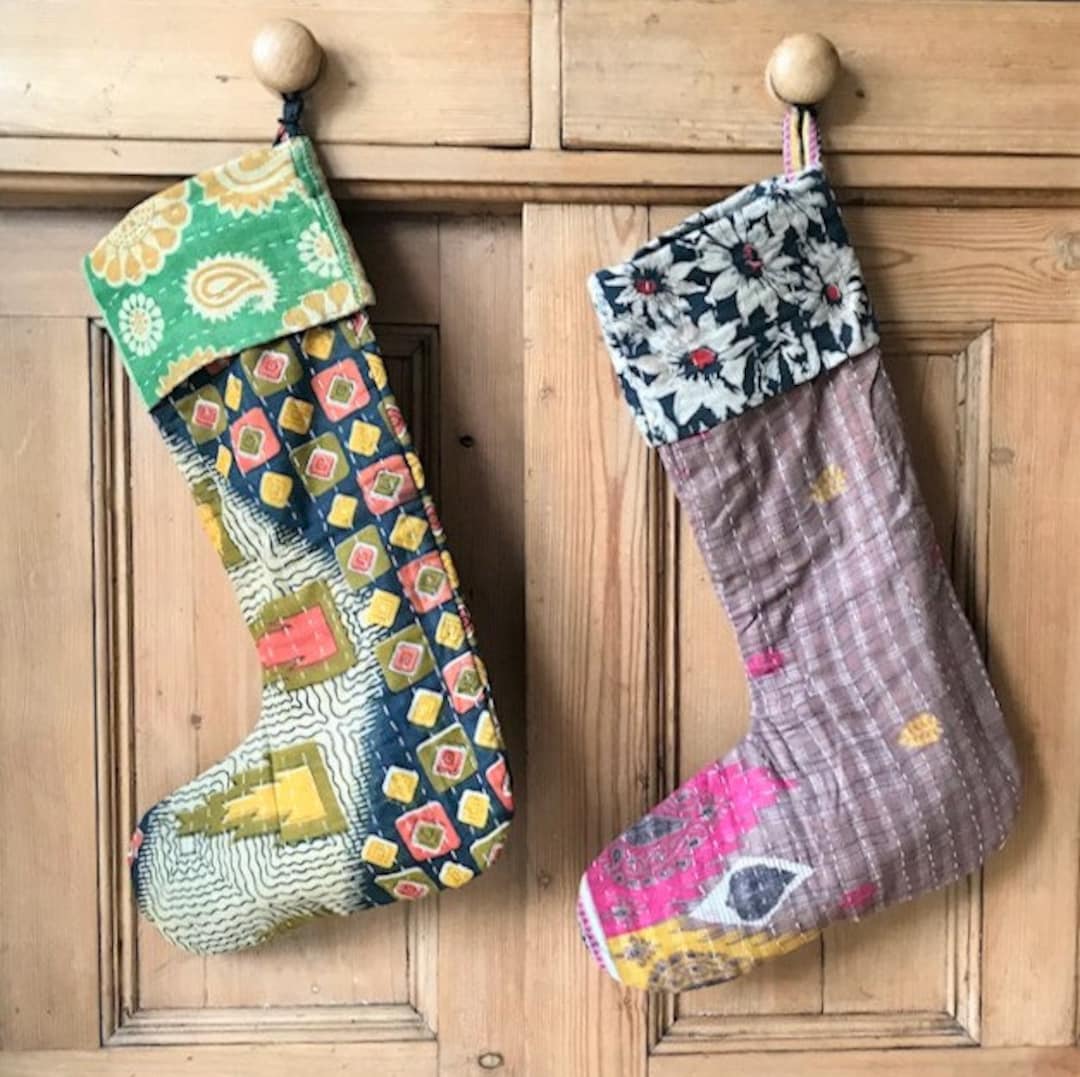 Upcycled Christmas Stocking, Vintage Cotton Kantha Holiday Stocking ...