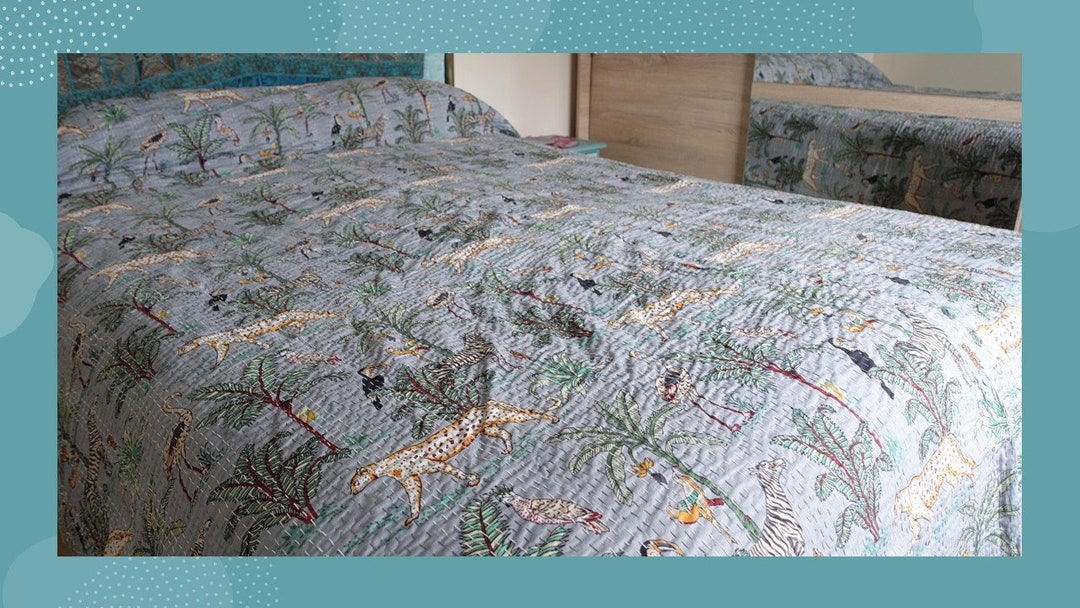 Jungle Themed Throw, Hand Embroidered Authentic Cotton Kantha Bedspread ...