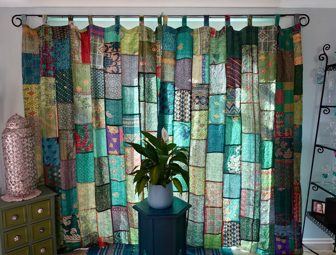 Vintage Silk Patchwork Kantha Curtains, Upcycled Handmade Authentic ...
