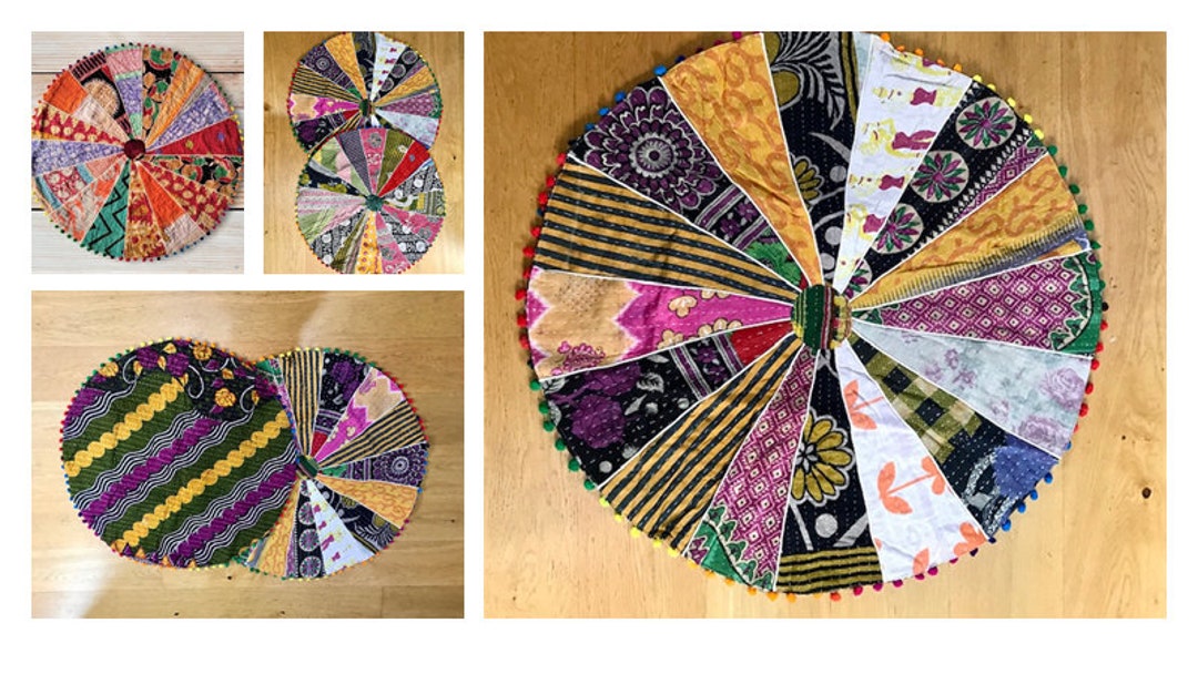 Round Beach Mat, Kantha Upcycled Round Cotton Beach Towel, Repurposed ...