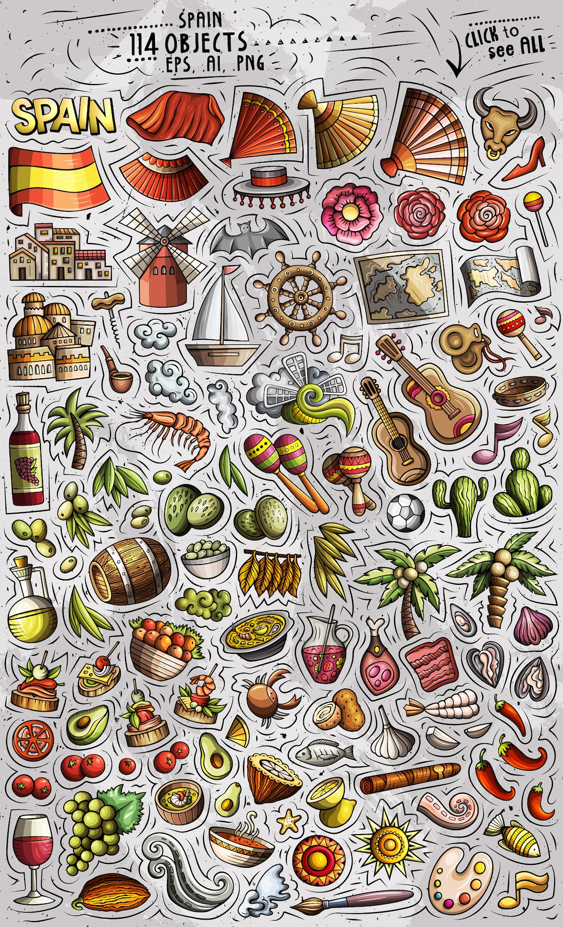 SPAIN Clipart, Cartoon Doodle Spanish Culture Set, Funny Clip Art ...