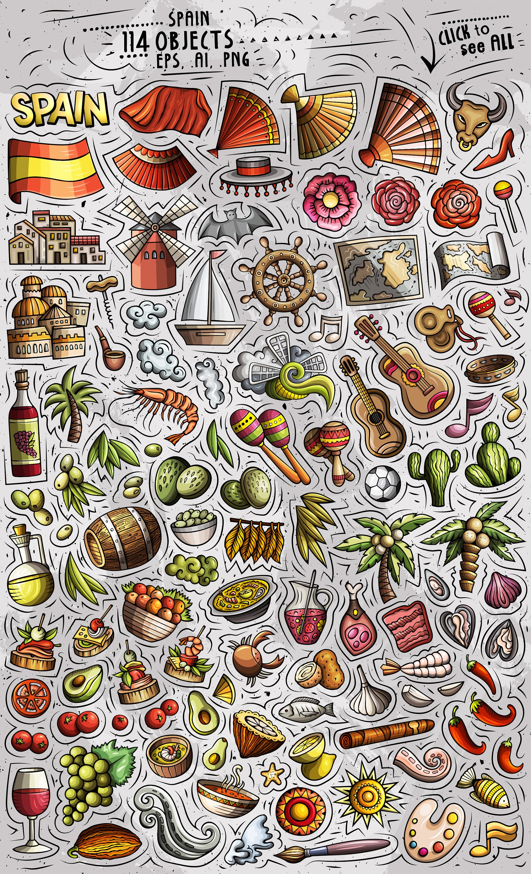 SPAIN Clipart, Cartoon Doodle Spanish Culture Set, Funny Clip Art ...