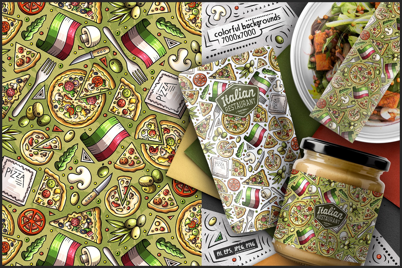 Italian Food Digital Paper Pack, Italy Cuisine Seamless Patterns ...