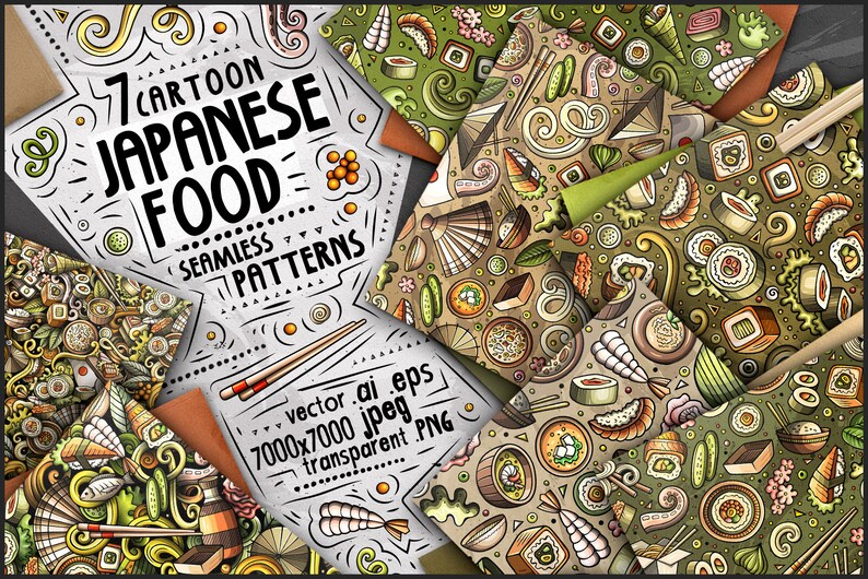 Japanese Food Digital Paper Pack, Japan Cuisine Seamless Patterns ...