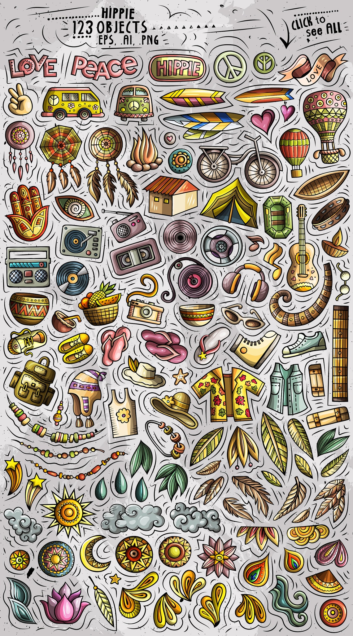 Hippie Vector Clipart, Hippie Doodles Clip Art, Peace, Love Cartoon PNG ...