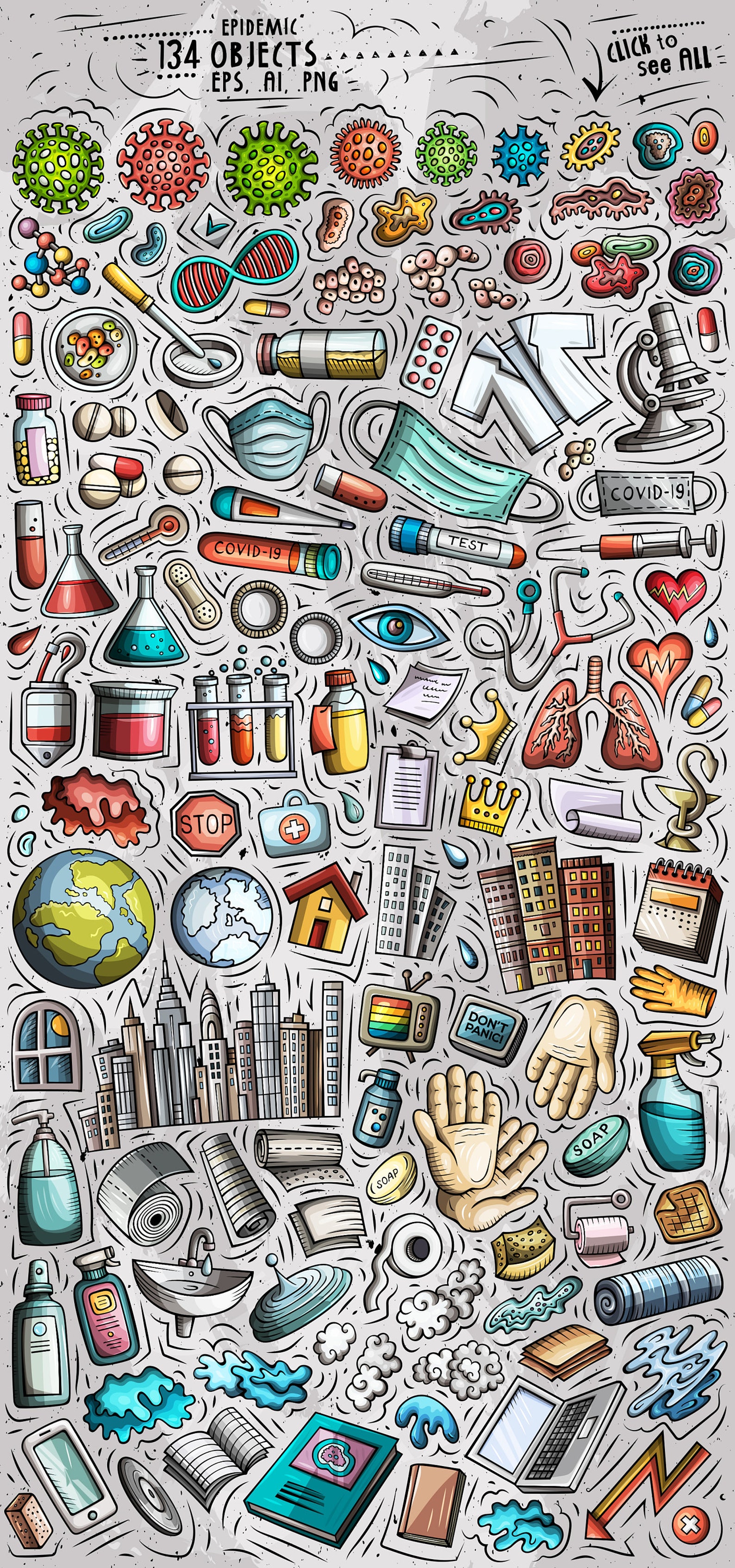Epidemic Vector Clipart, Pandemic Cartoon PNG Set, Quarantine Doodles ...
