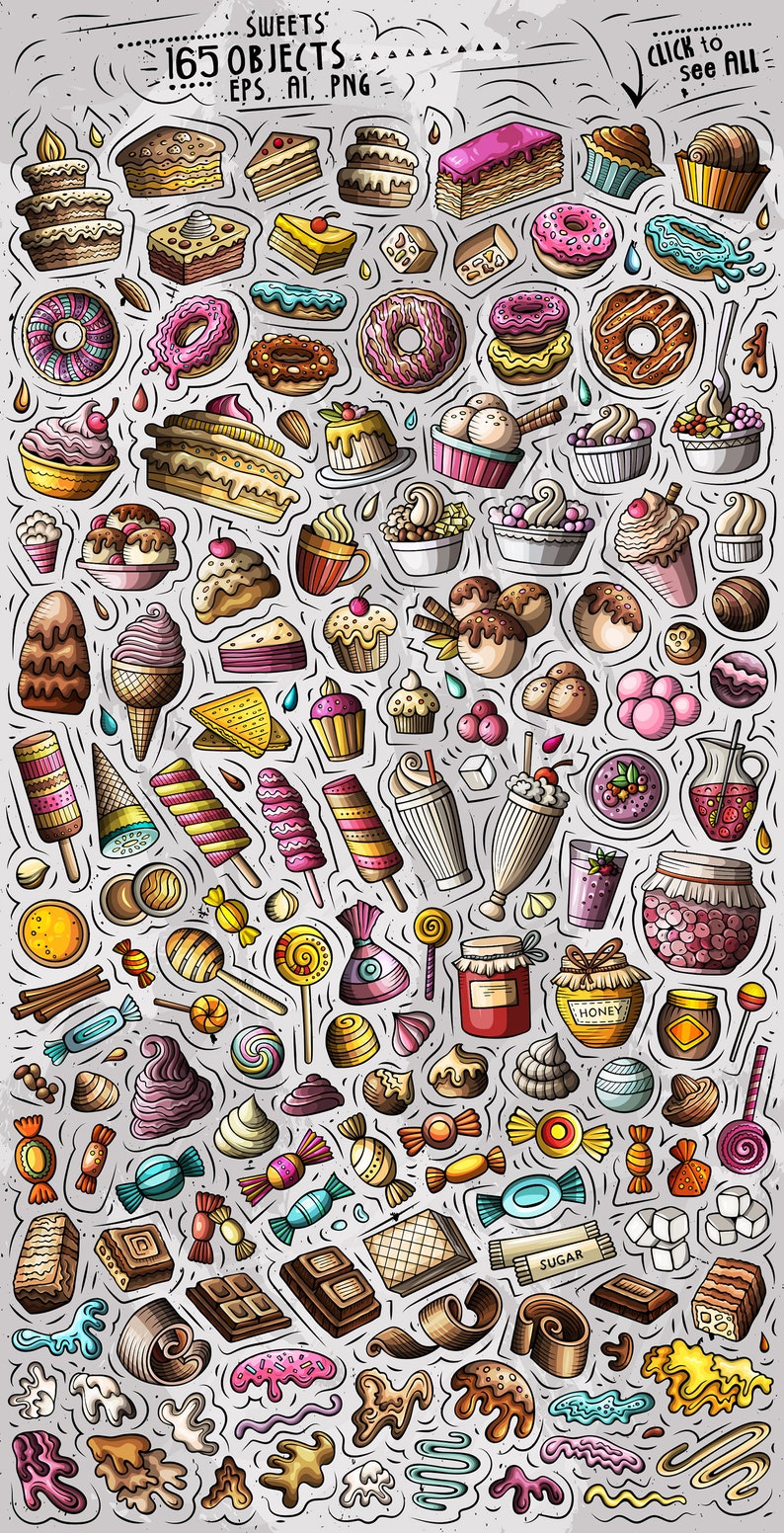 SWEET FOOD Clipart, Cartoon Doodle Sweets Desserts Set, Confectionery ...