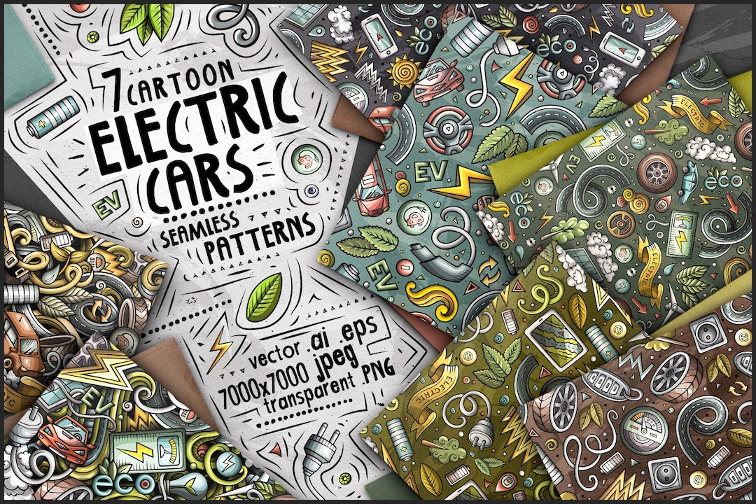 Electric Cars Digital Papers Pack, Eco Vehicle Seamless Patterns ...