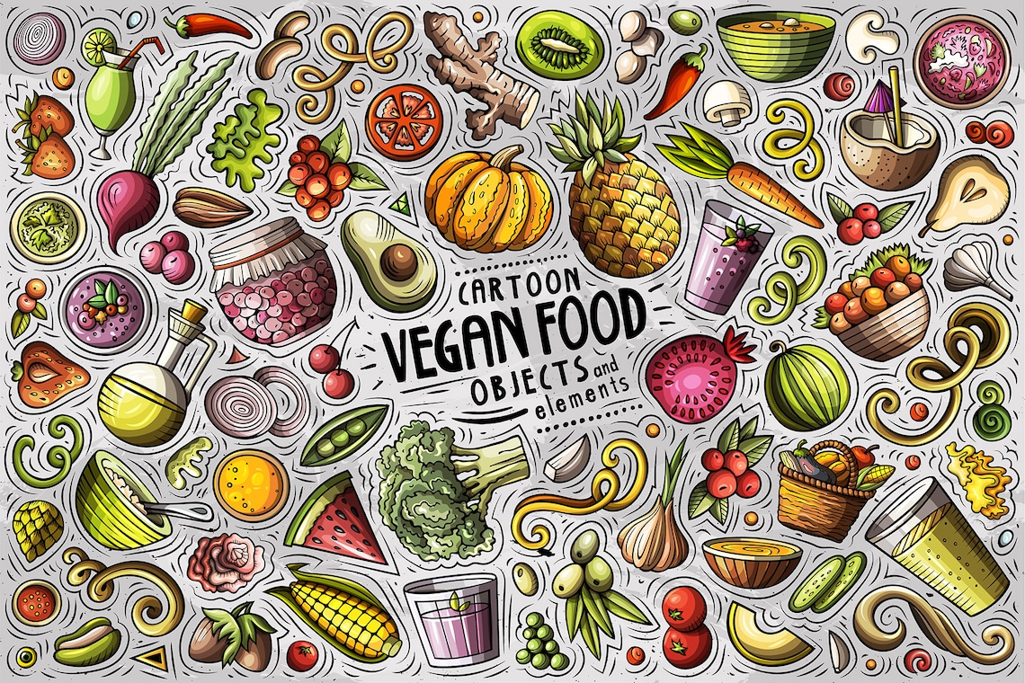 VEGAN FOOD Clipart, Cartoon Doodle Vegetarian Eating PNG Set, Nutrition ...
