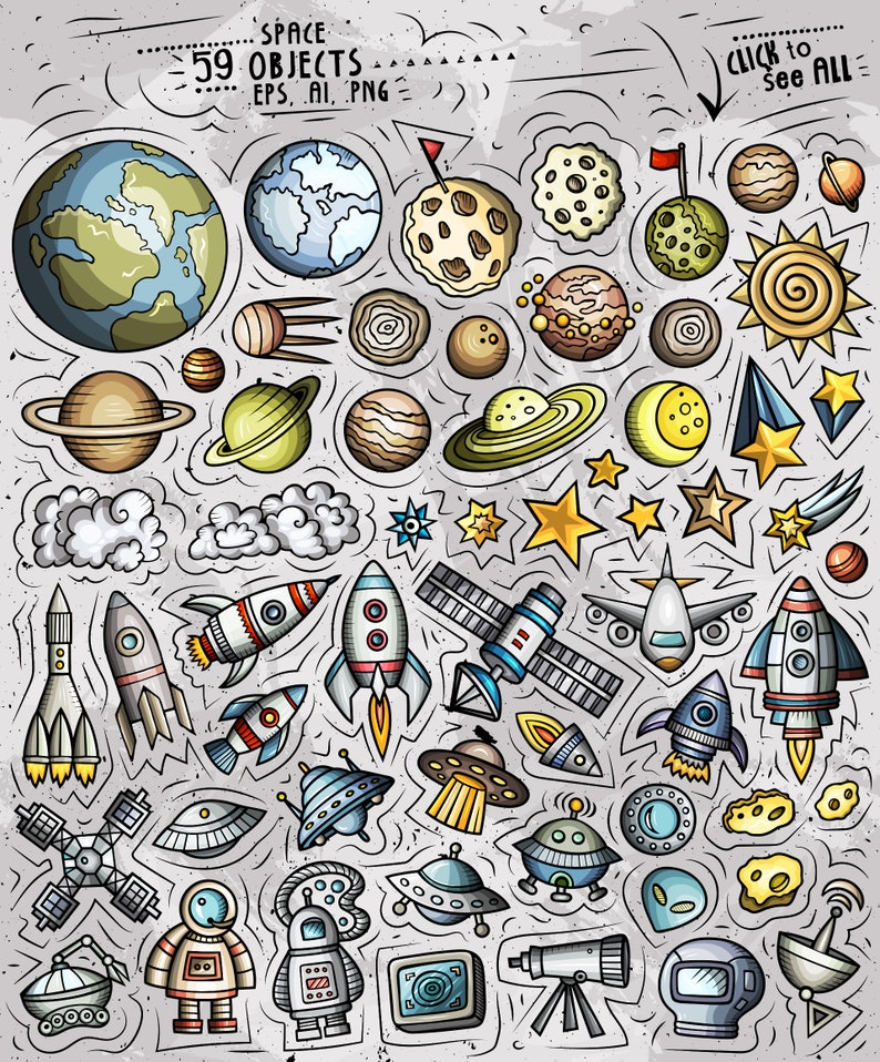 Space Vector Clipart, Cosmos Cartoon PNG Set, Outer Space Doodles Clip ...