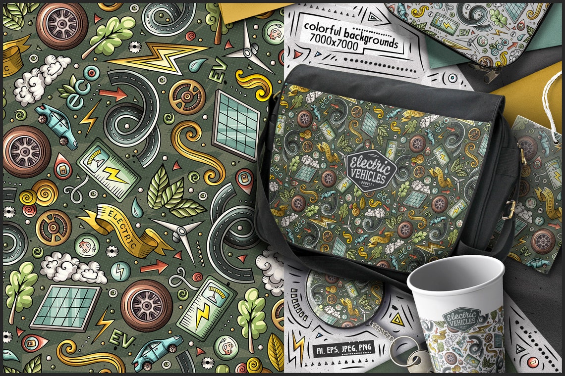 Electric Cars Digital Papers Pack, Eco Vehicle Seamless Patterns ...