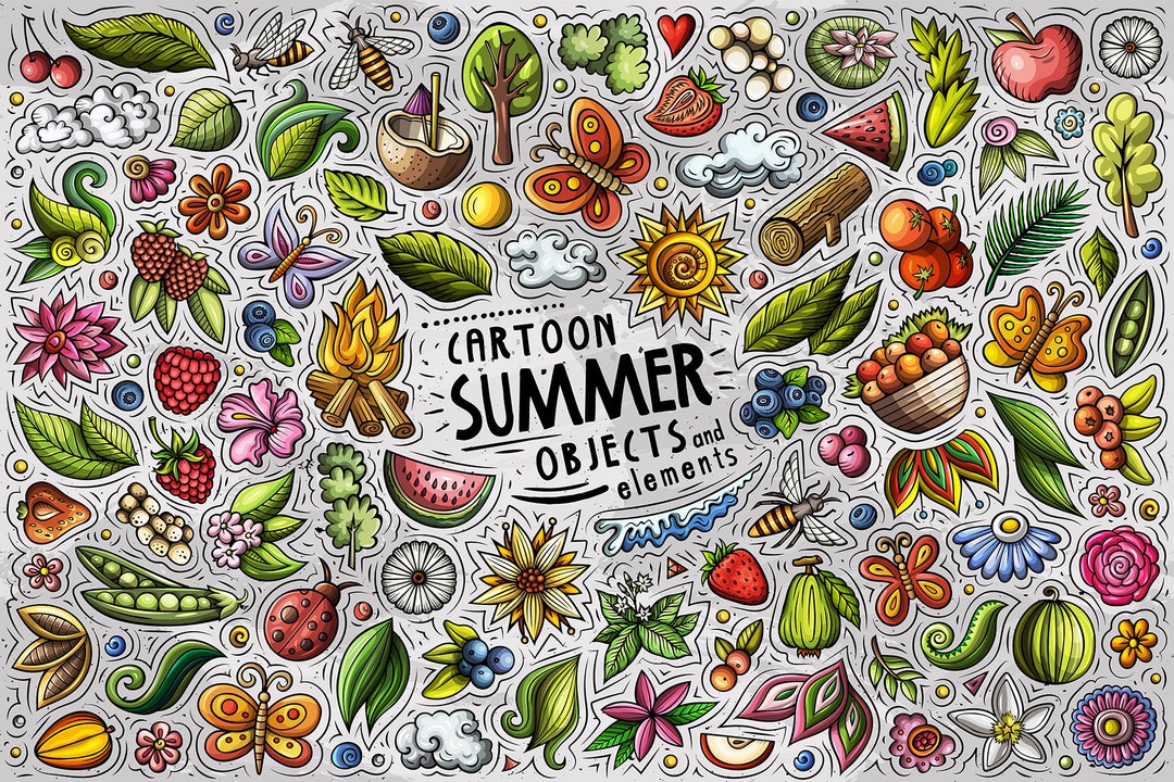 SUMMER Clipart, Cartoon Doodle Nature Set, Seasonal Funny Clip Art ...