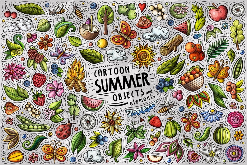 SUMMER Clipart, Cartoon Doodle Nature Set, Seasonal Funny Clip Art ...