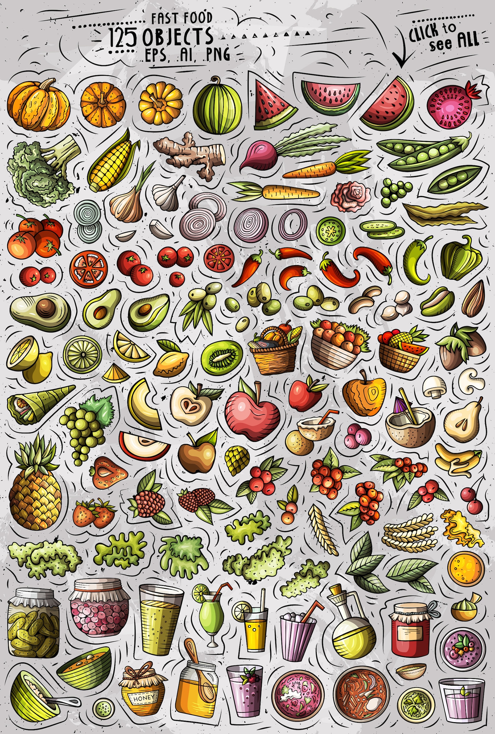 VEGAN FOOD Clipart, Cartoon Doodle Vegetarian Eating PNG Set, Nutrition ...