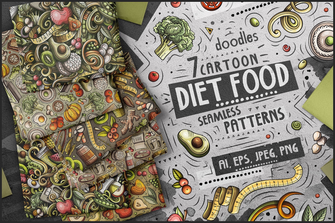 DIET Food Digital Paper Pack, Diet Seamless Patterns, Vegan Food ...