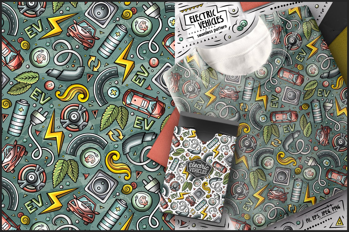 Electric Cars Digital Papers Pack, Eco Vehicle Seamless Patterns ...