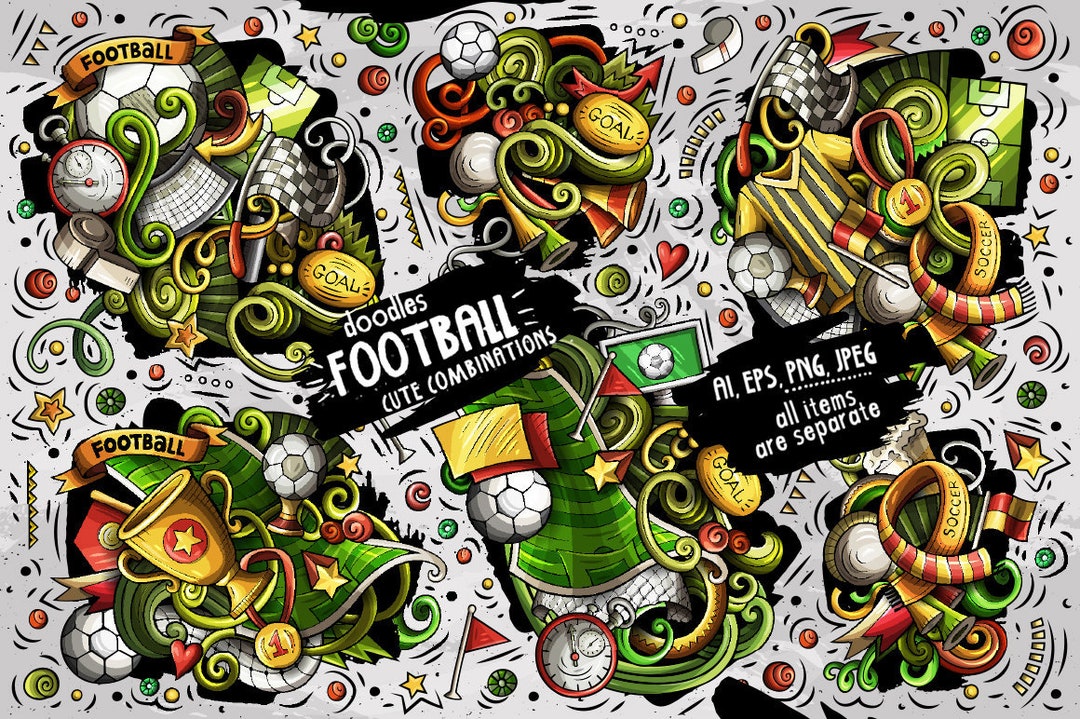 SOCCER Vector Clip Art, Football Cartoon PNG Set, Soccer Doodles ...