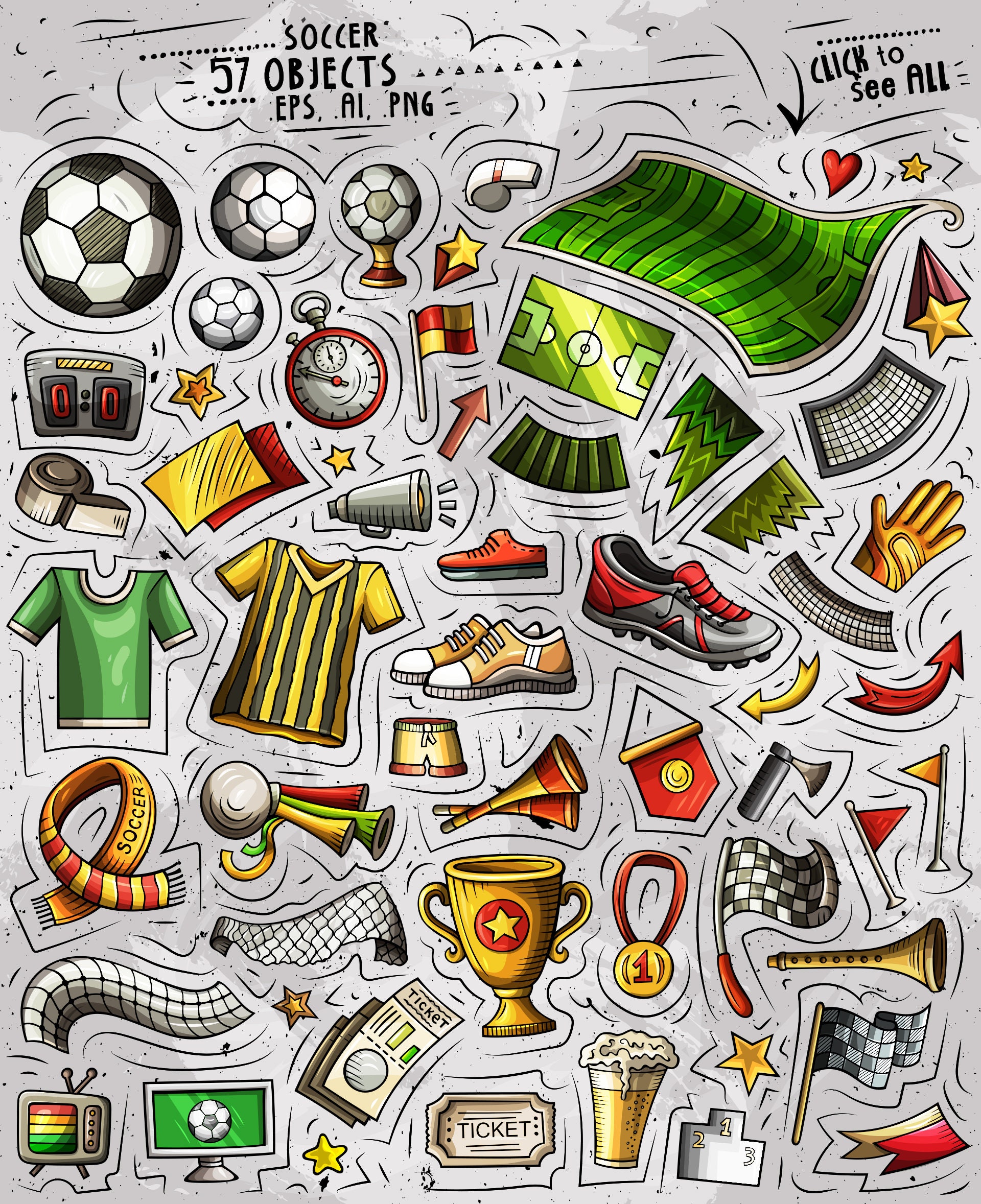 SOCCER Clipart, Cartoon Doodle Football Set, Sports Equipment Funny ...